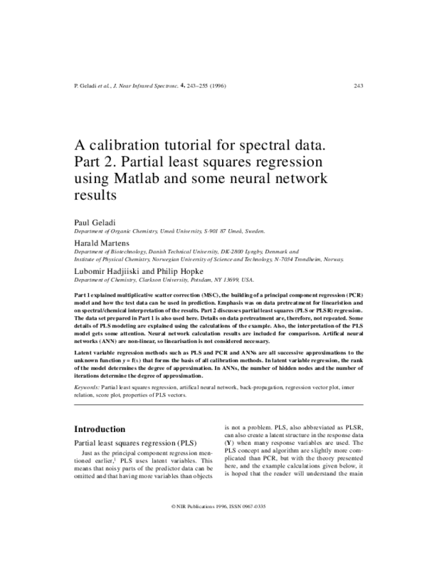 Pdf A Calibration Tutorial For Spectral Data Part 2 Partial Least Squares Regression Using