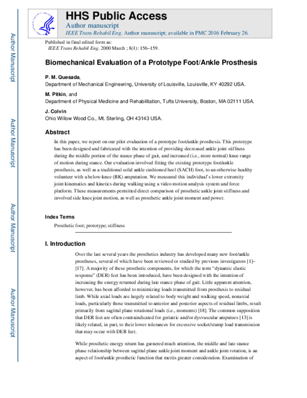 (PDF) Biomechanical evaluation of a prototype foot/ankle prosthesis