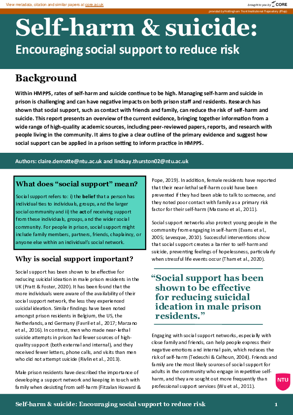 (PDF) Self-harm & suicide: encouraging social support to reduce risk