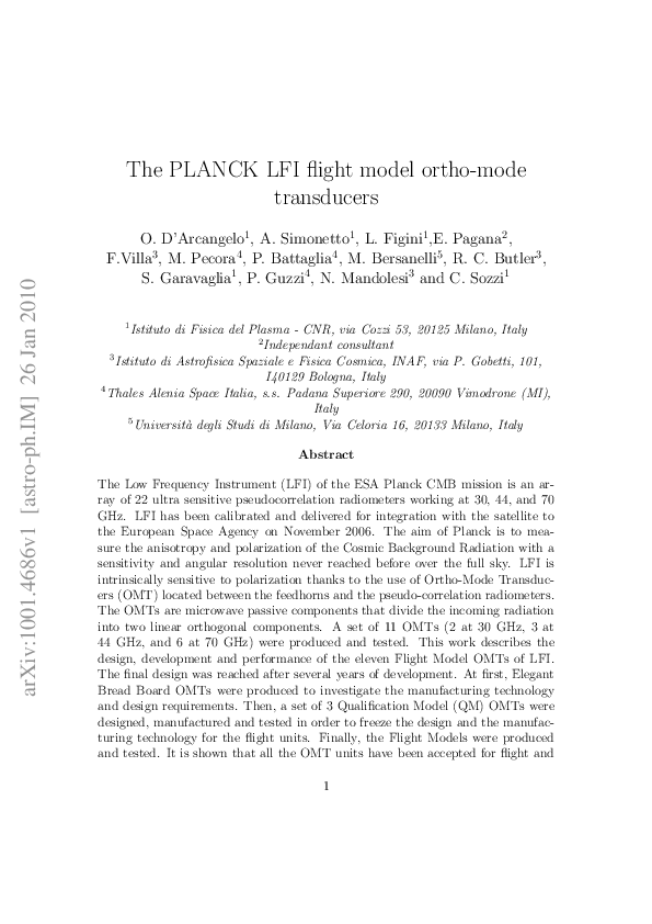 (PDF) The Planck-LFI flight model orthomode transducers J-Inst, This issue
