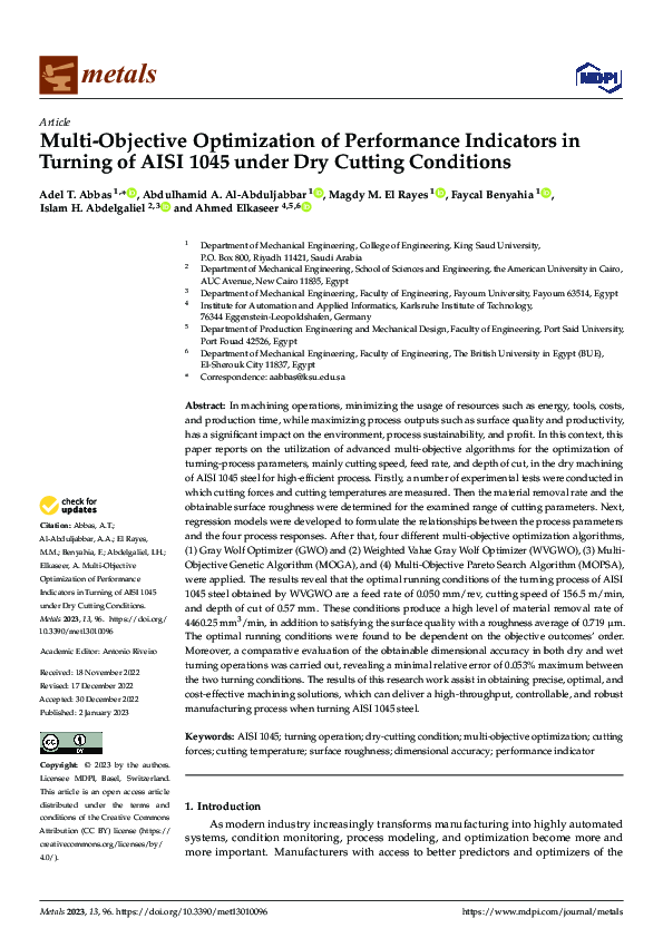 Pdf Multi Objective Optimization Of Performance Indicators In Turning