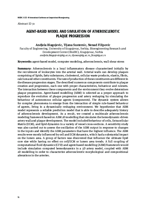 (PDF) Agent-Based Model and Simulation of Atherosclerotic Plaque Progression | Tijana Sustersic ...