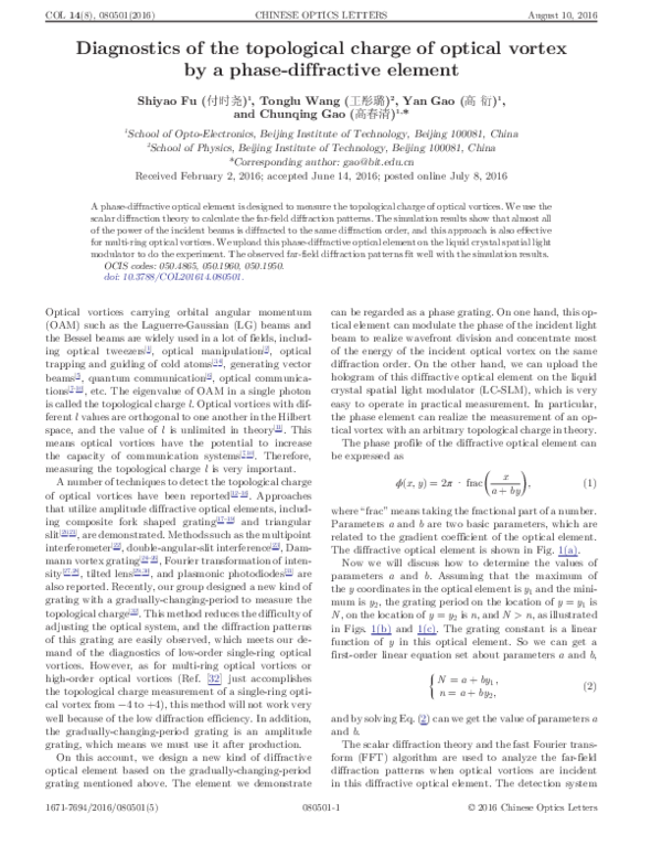 (PDF) Diagnostics of the topological charge of optical vortex by a phase-diffractive element