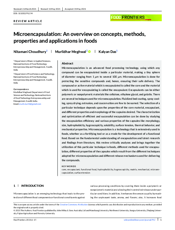 (PDF) Microencapsulation: An overview on concepts, methods, properties and applications in foods