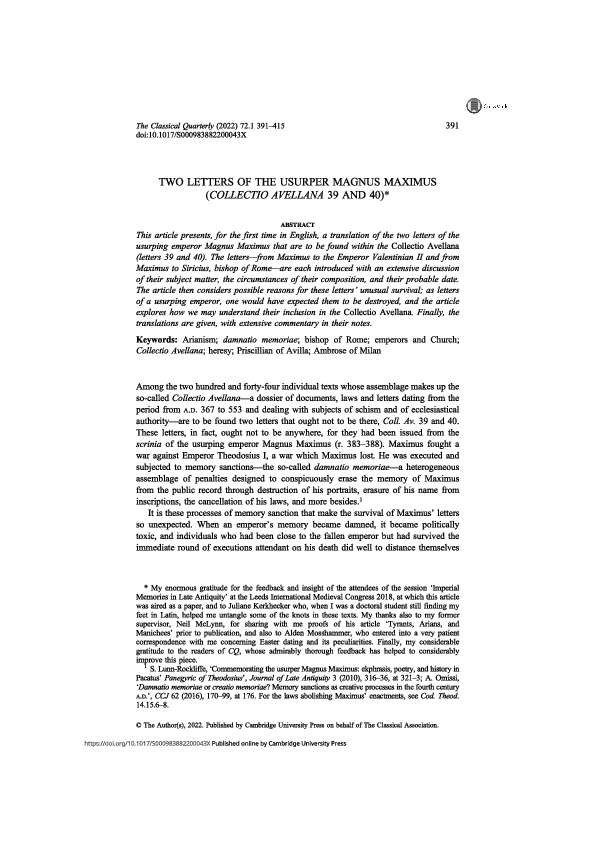 (PDF) Two Letters of the Usurper Magnus Maximus (Collectio Avellana 39 ...