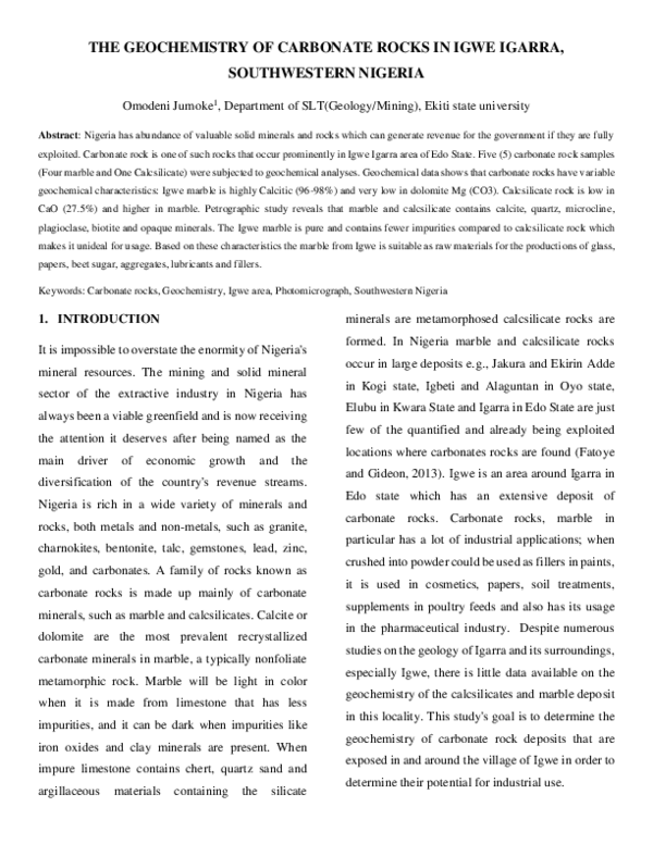 THE GEOCHEMISTRY OF CARBONATE ROCKS IN IGWE IGARRA, SOUTHWESTERN NIGERIA