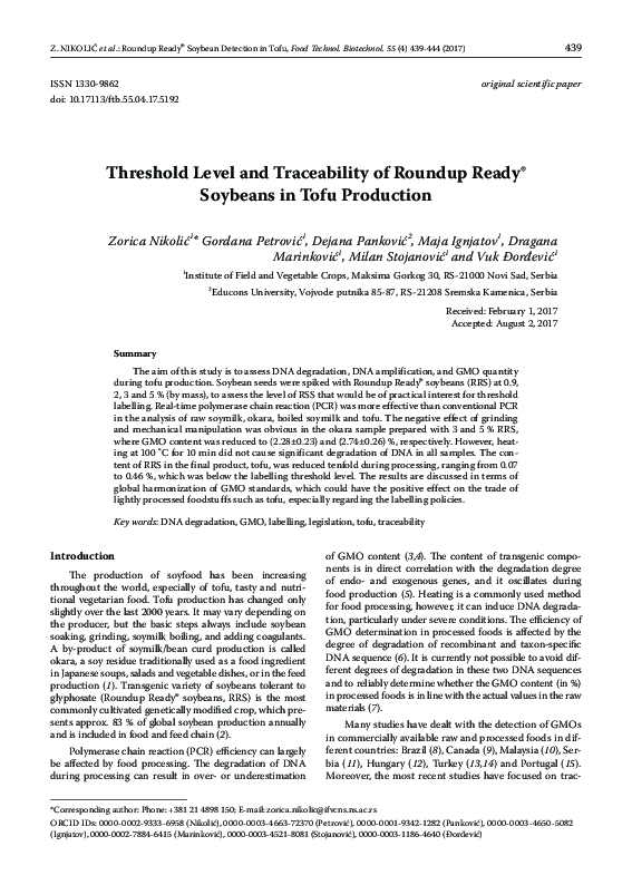 (PDF) Threshold Level and Traceability of Roundup Ready® Soybeans in Tofu Production