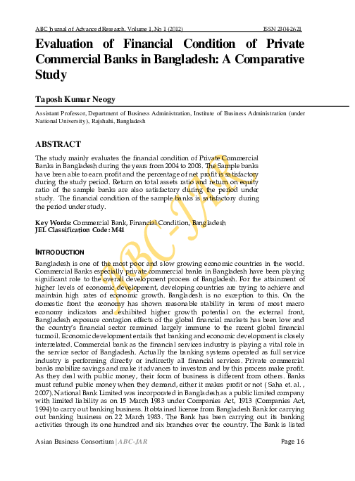 (PDF) Evaluation of Financial Condition of Private Commercial Banks in Bangladesh: A Comparative ...