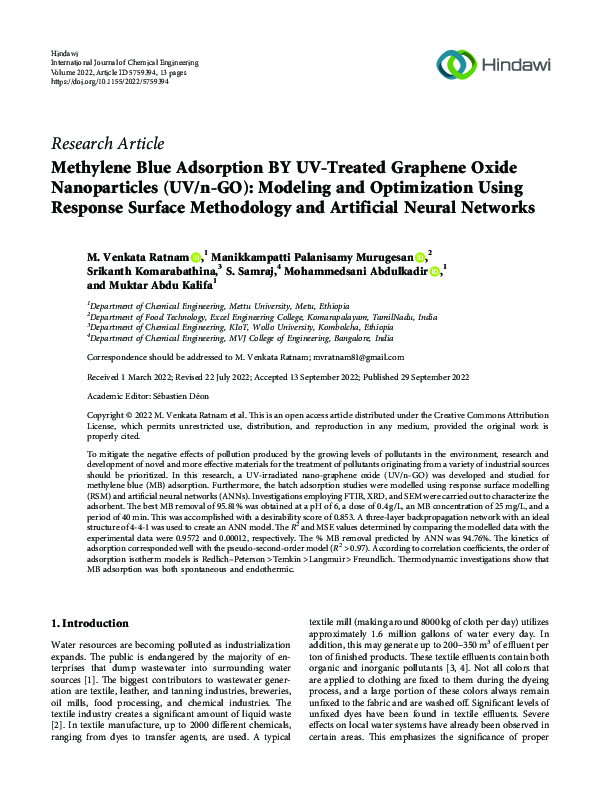 (PDF) Methylene Blue Adsorption BY UV-Treated Graphene Oxide Nanoparticles (UV/n-GO): Modeling ...