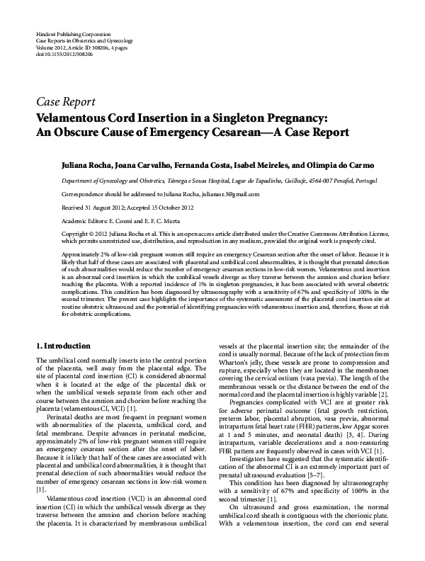(PDF) Velamentous cord insertion in a singleton pregnancy: an obscure ...