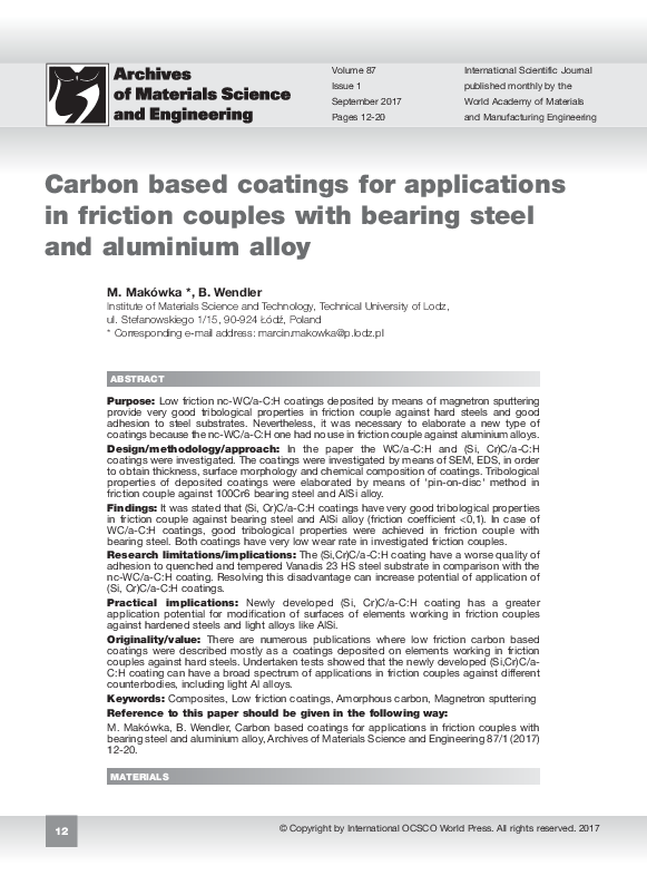 (PDF) Carbon based coatings for applications in friction couples with ...