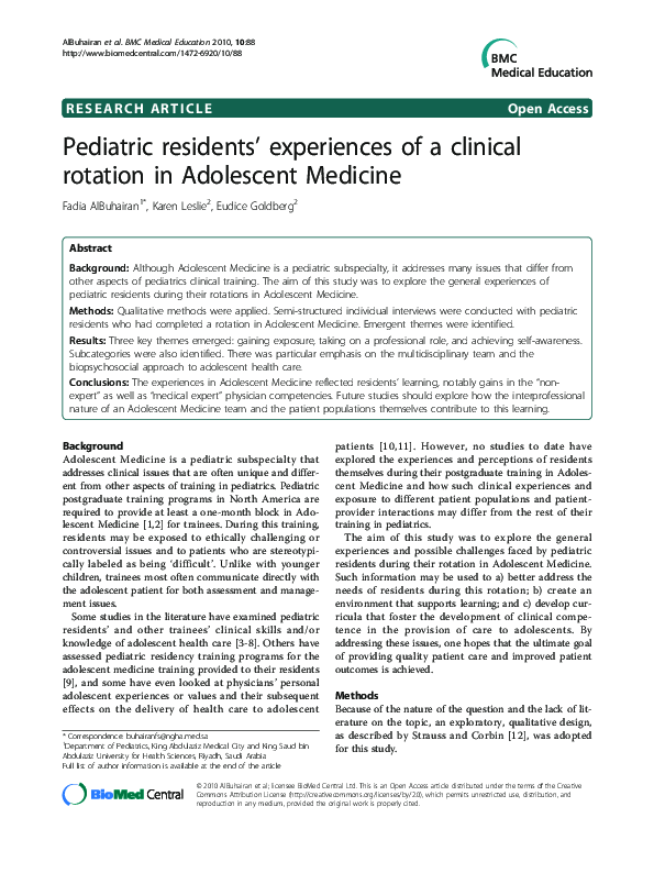 (PDF) Pediatric residents' experiences of a clinical rotation in ...