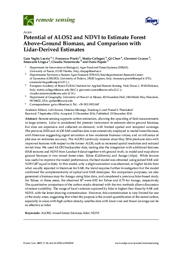 (PDF) Potential of ALOS2 and NDVI to Estimate Forest Above-Ground Biomass, and Comparison with ...