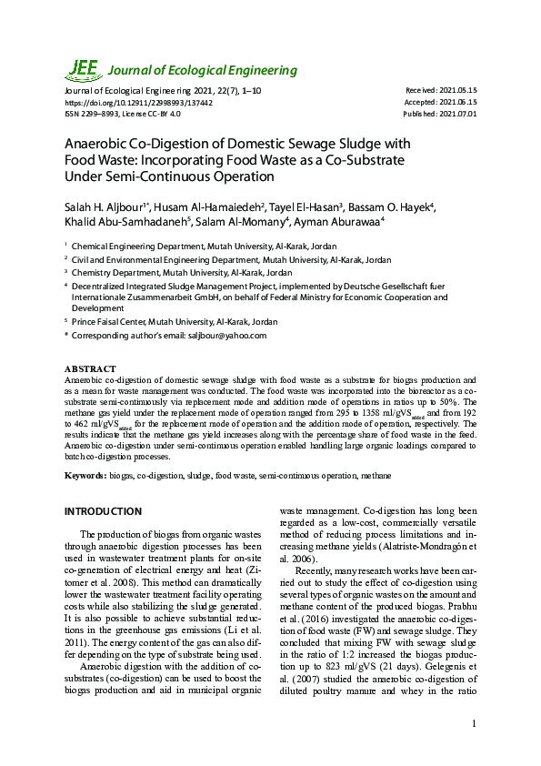(PDF) Anaerobic Co-Digestion of Domestic Sewage Sludge with Food Waste ...
