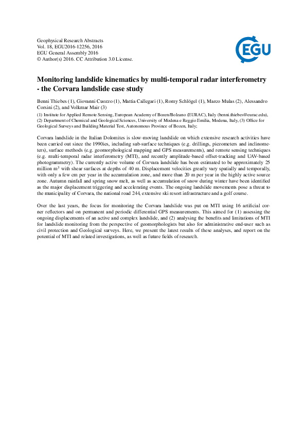 (PDF) Monitoring landslide kinematics by multi-temporal radar interferometry - the Corvara ...
