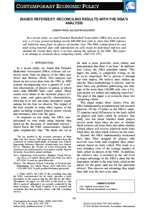 (PDF) Biased Referees?: Reconciling Results with the Nba's Analysis