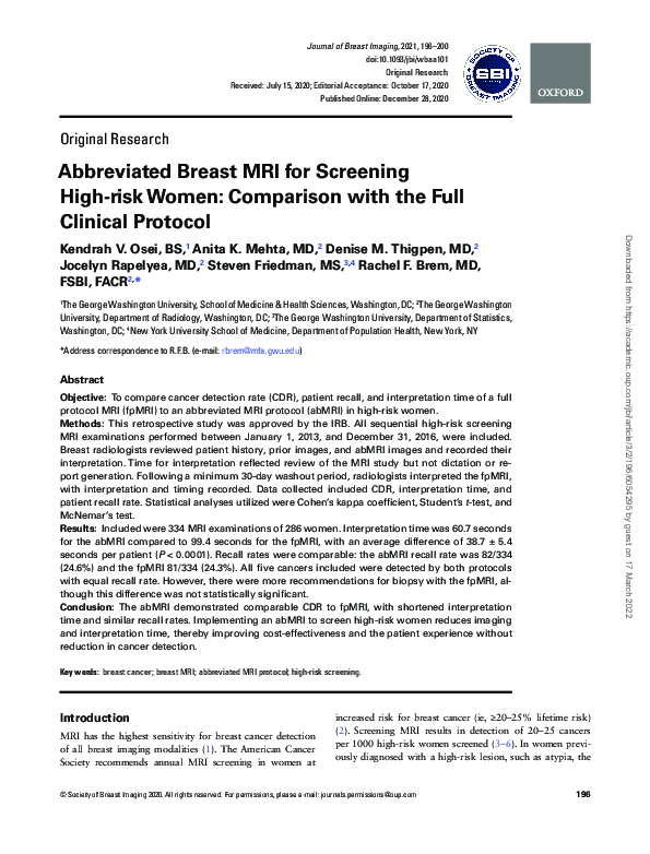 (PDF) Abbreviated Breast MRI for Screening High-risk Women: Comparison ...