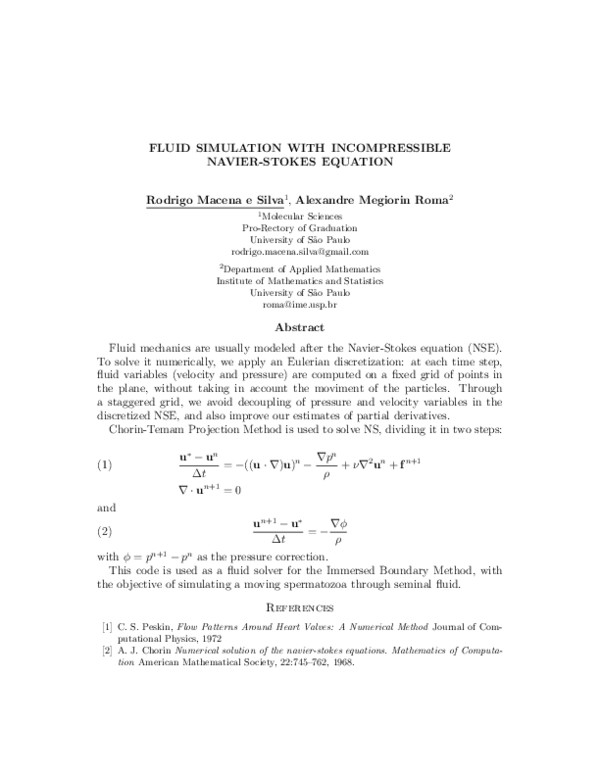 Pdf Fluid Simulation With Incompressible Navier Stokes Equation
