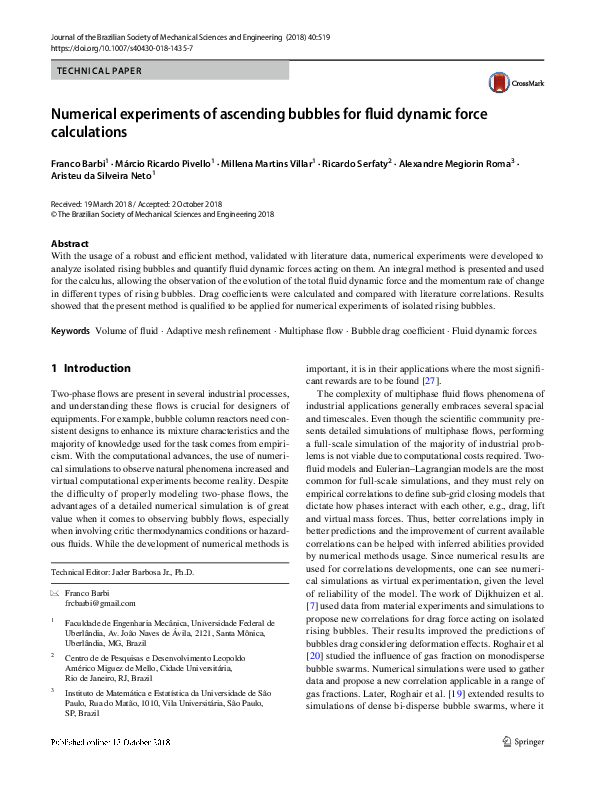 (PDF) Numerical experiments of ascending bubbles for fluid dynamic ...