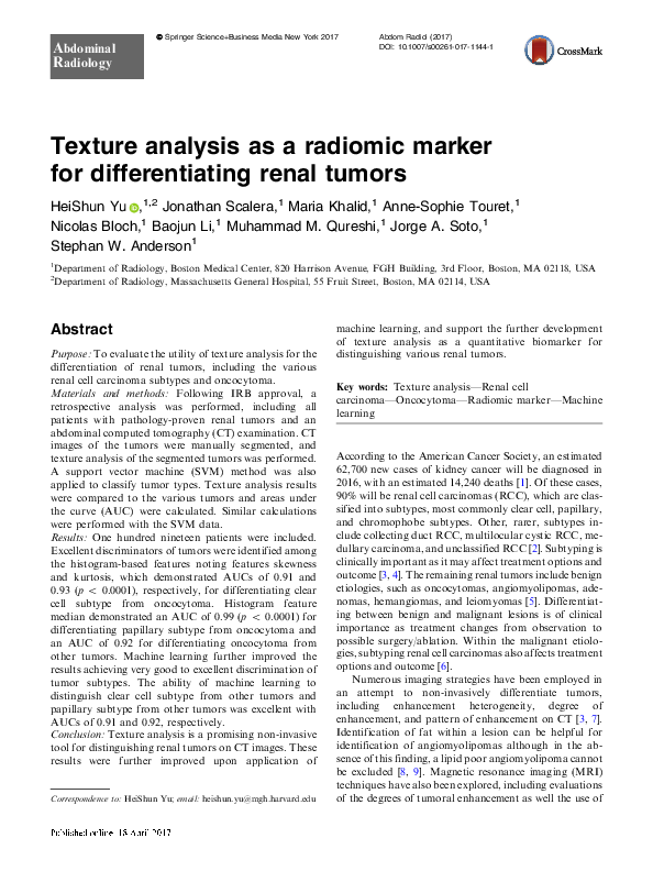 (PDF) Texture analysis as a radiomic marker for differentiating renal ...