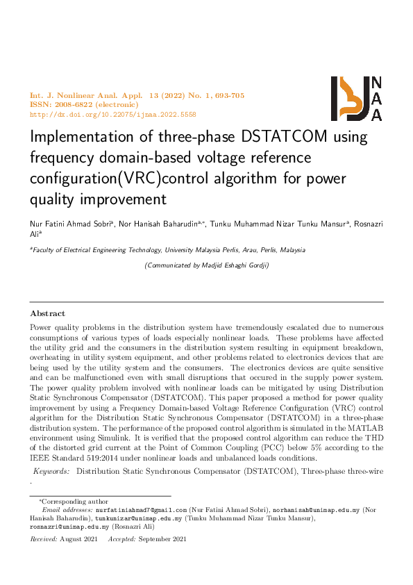 (PDF) Implementation of three-phase DSTATCOM using frequency domain-based voltage reference ...