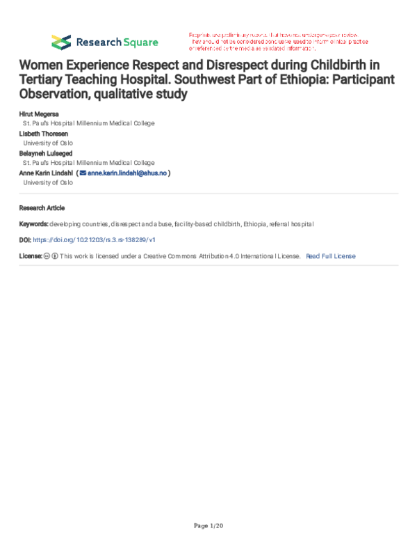 (PDF) Women Experience Respect and Disrespect during Childbirth in ...