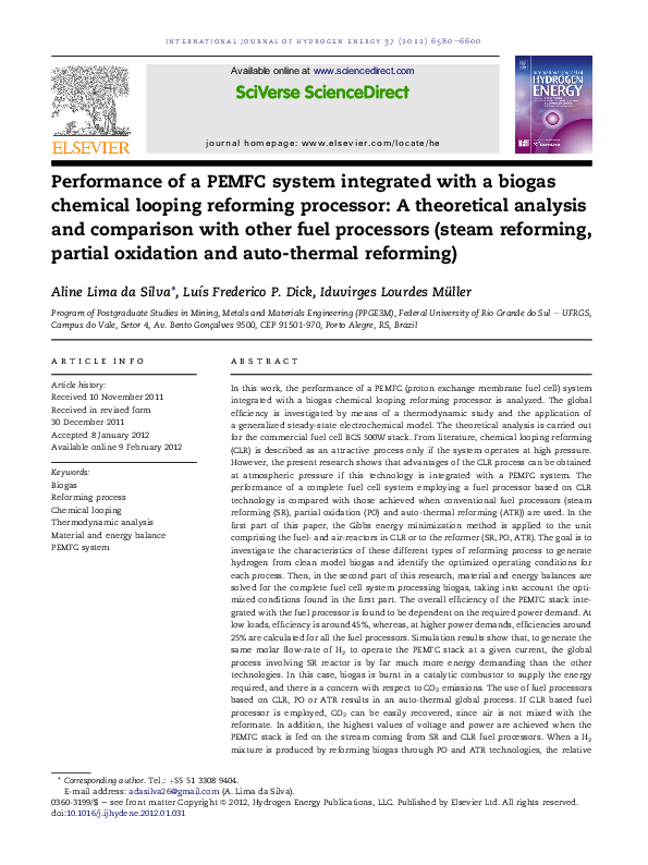 (PDF) Performance of a PEMFC system integrated with a biogas chemical ...