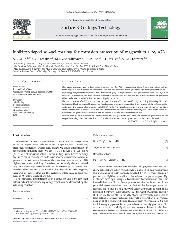 (PDF) Inhibitor-doped sol–gel coatings for corrosion protection of magnesium alloy AZ31