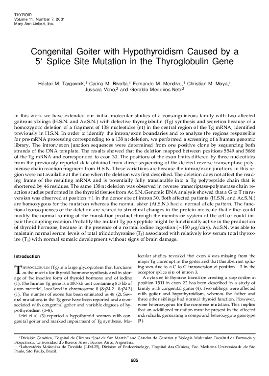 (PDF) Congenital Goiter with Hypothyroidism Caused by a 5′ Splice Site ...