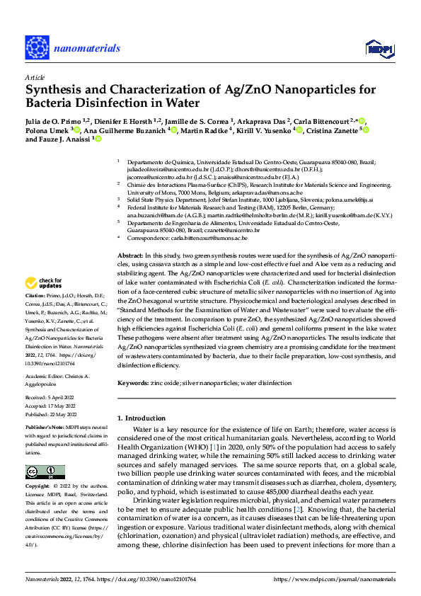 (PDF) Synthesis and Characterization of Ag/ZnO Nanoparticles for Bacteria Disinfection in Water ...
