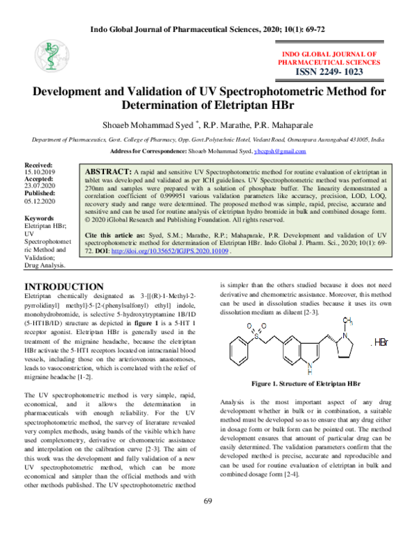 Pdf Development And Validation Of Uv Spectrophotometric Method For Determination Of Eletriptan Hbr