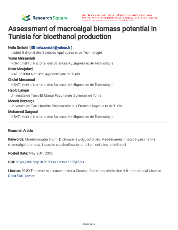 (PDF) Assessment of macroalgal biomass potential in Tunisia for bioethanol production