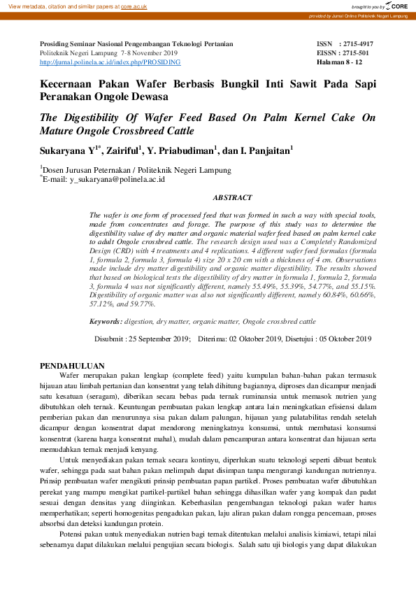 (PDF) Kecernaan Pakan Wafer Berbasis Bungkil Inti Sawit Pada Sapi ...