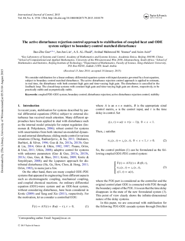 (PDF) The active disturbance rejection control approach to stabilisation of coupled heat and ODE ...