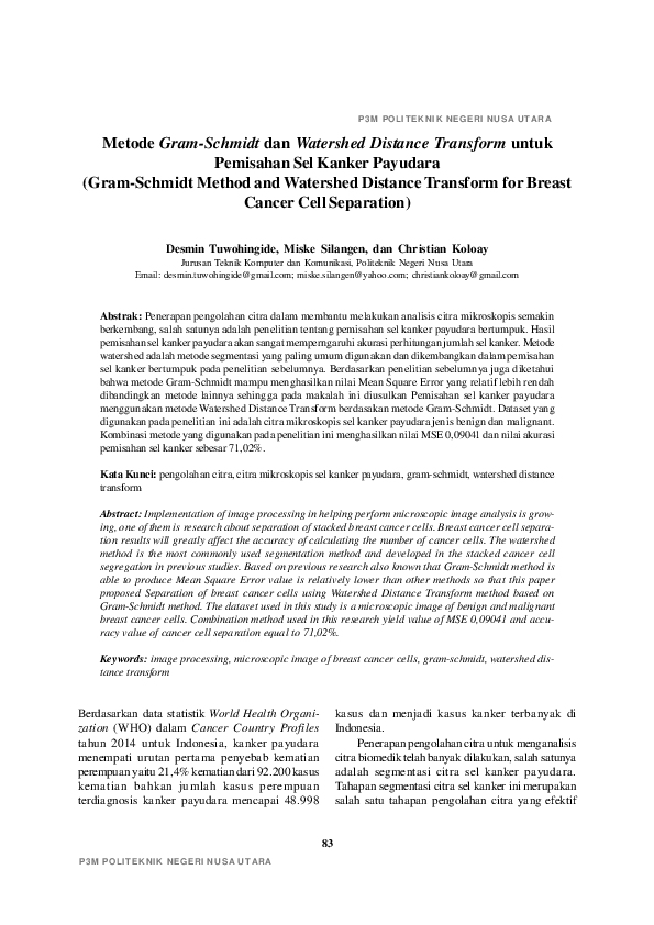 (PDF) Metode Gram-Schmidt dan Watershed Distance Transform untuk Pemisahan Sel Kanker Payudara