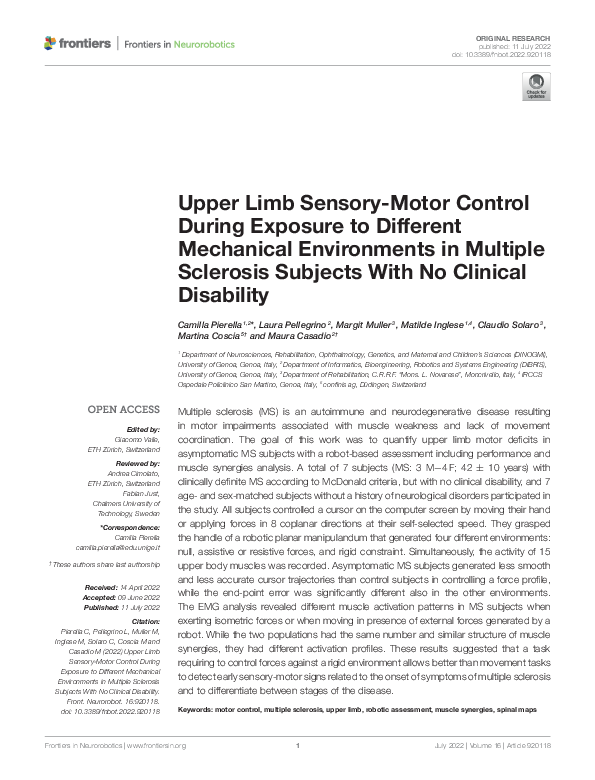 (PDF) Upper Limb Sensory-Motor Control During Exposure to Different Mechanical Environments in ...
