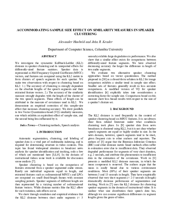 (PDF) Accommodating sample size effect on similarity measures in speaker clustering