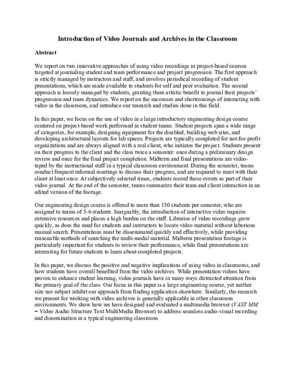 (PDF) Introduction Of Video Journals And Archives In The Classroom