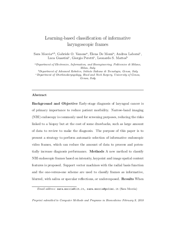 (PDF) Learning-based classification of informative laryngoscopic frames | Gabriele Omodeo Vanone ...