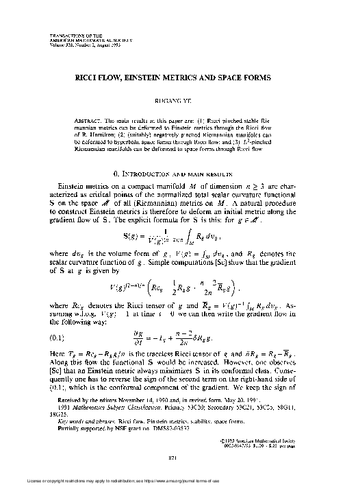 (PDF) Ricci flow, Einstein metrics and space forms