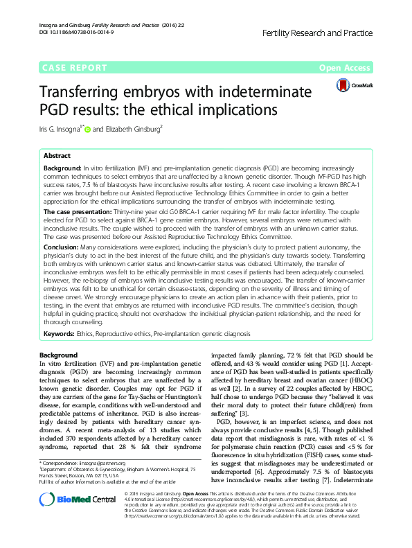 (PDF) Transferring embryos with indeterminate PGD results: the ethical ...