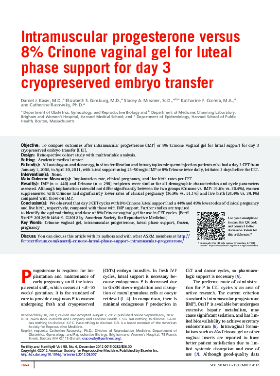 (PDF) Intramuscular progesterone versus 8% Crinone vaginal gel for ...