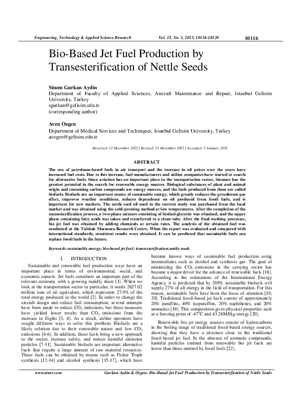 (PDF) Bio-Based Jet Fuel Production by Transesterification of Nettle Seeds