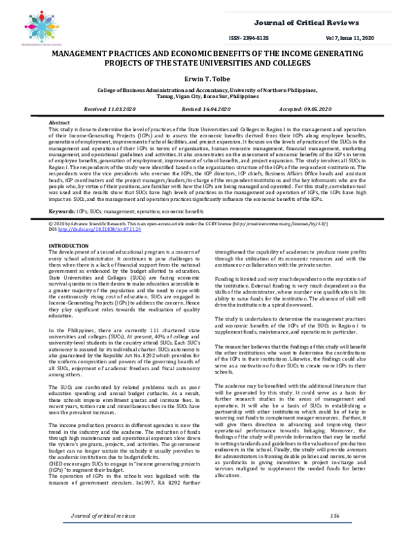 (PDF) MANAGEMENT PRACTICES AND ECONOMIC BENEFITS OF THE INCOME ...