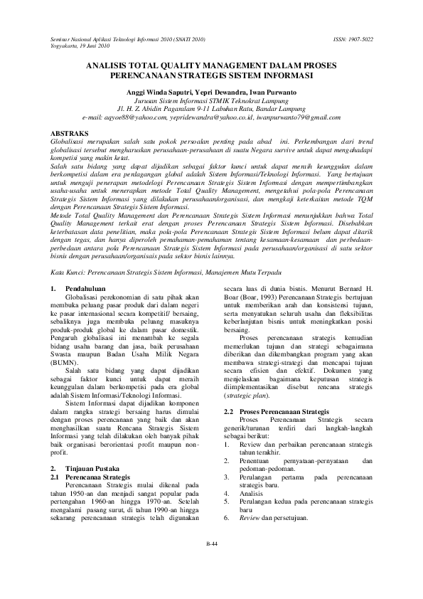 (PDF) Analisis Total Quality Management Dalam Proses Perencanaan Strategis Sistem Informasi