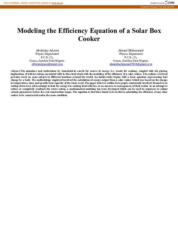 (PDF) Modeling the Efficiency Equation of a Solar Box Cooker | Abubakar ...