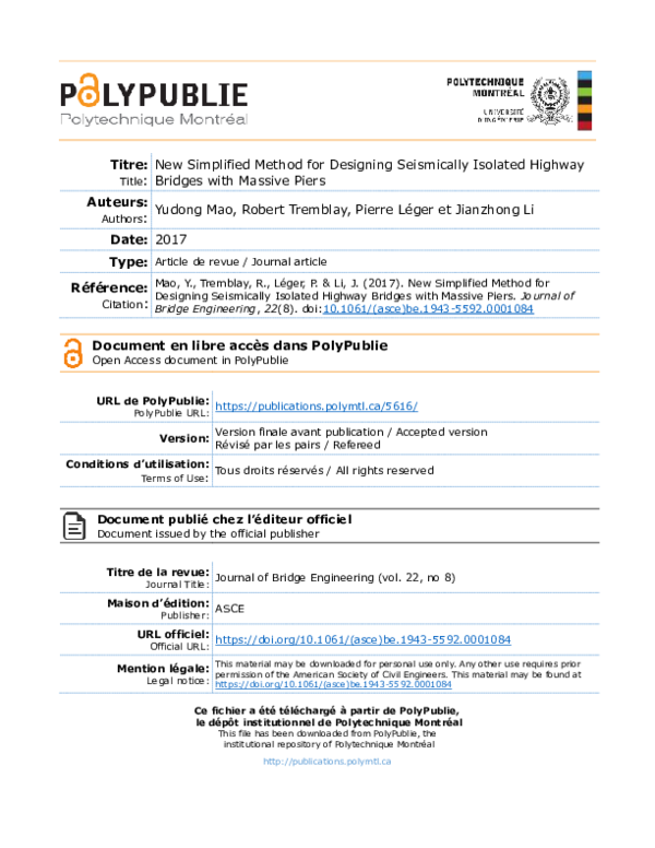 Pdf New Simplified Method For Designing Seismically Isolated Highway Bridges With Massive Piers