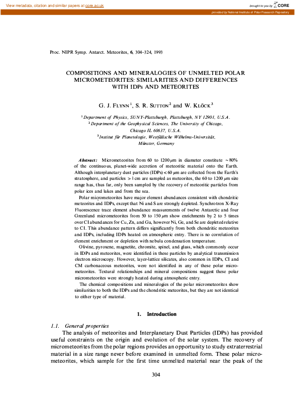 (PDF) Compositions and mineralogies of unmelted polar micrometeorites ...