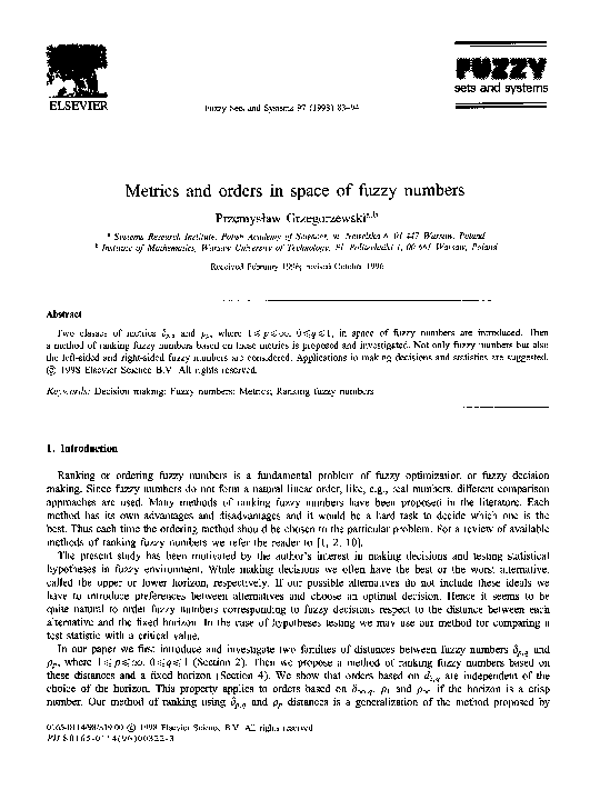 (PDF) Metrics and orders in space of fuzzy numbers