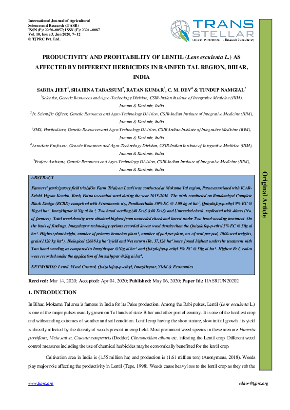 (PDF) Productivity and Profitability of Lentil (Lens Esculenta L.) as ...